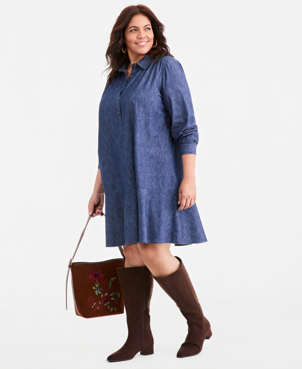Click here for Style & Co Plus Size Denim Long-Sleeve Peplum Dres... prices