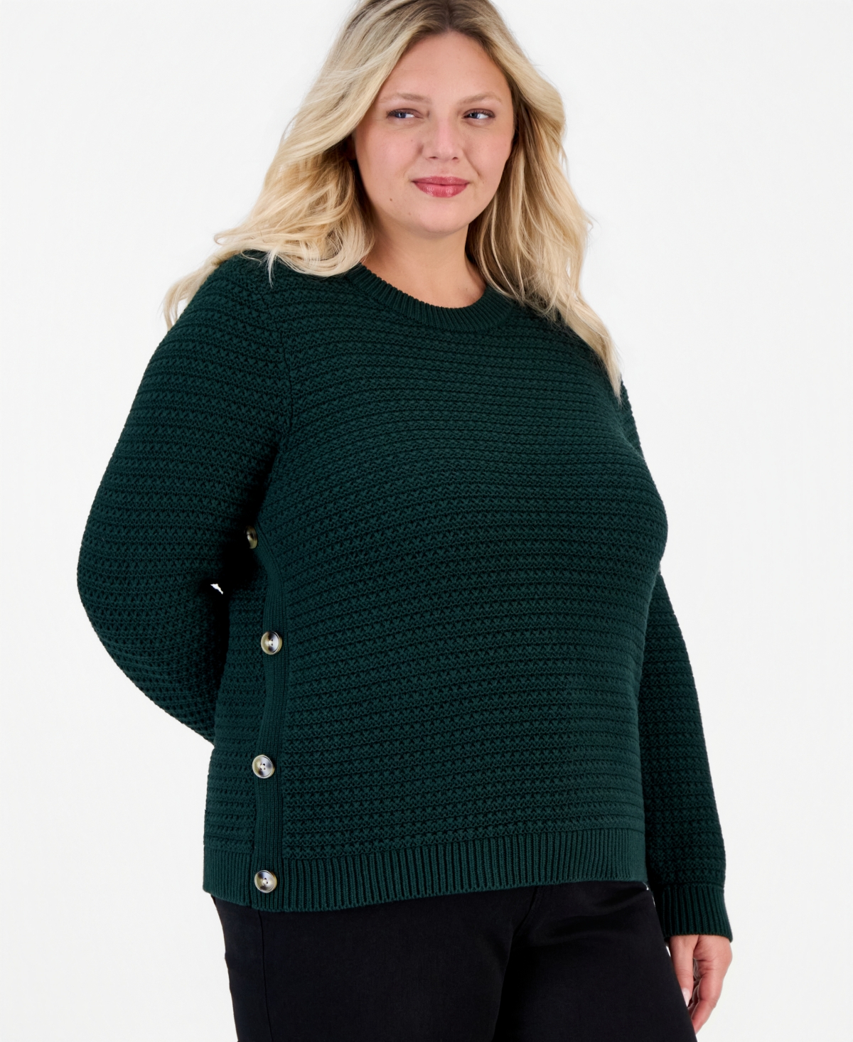 Click here for Style & Co Plus Size Side Button Crewneck Sweater... prices