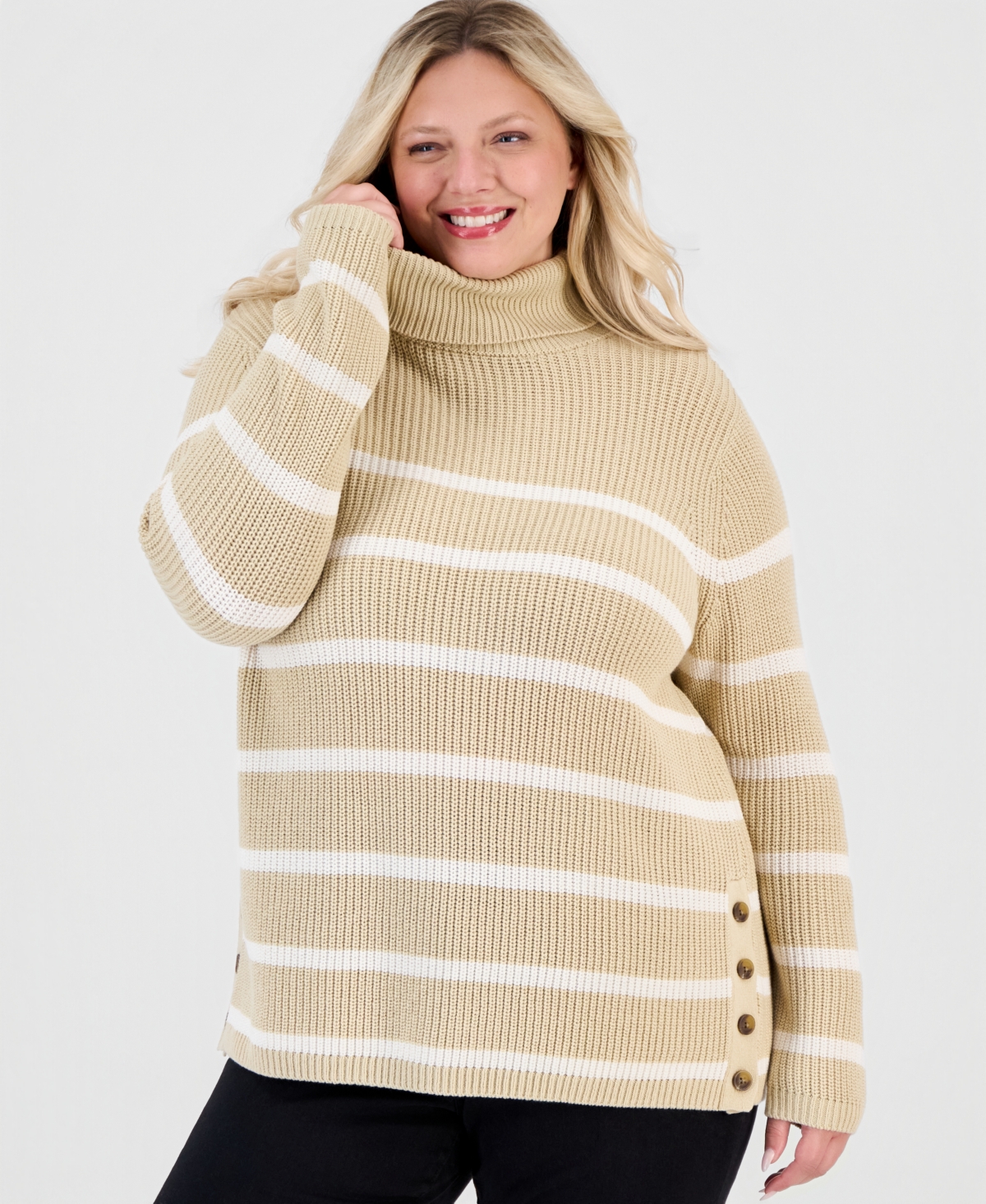 Click here for Style & Co Plus Size Striped Rib Tunic Turtleneck... prices