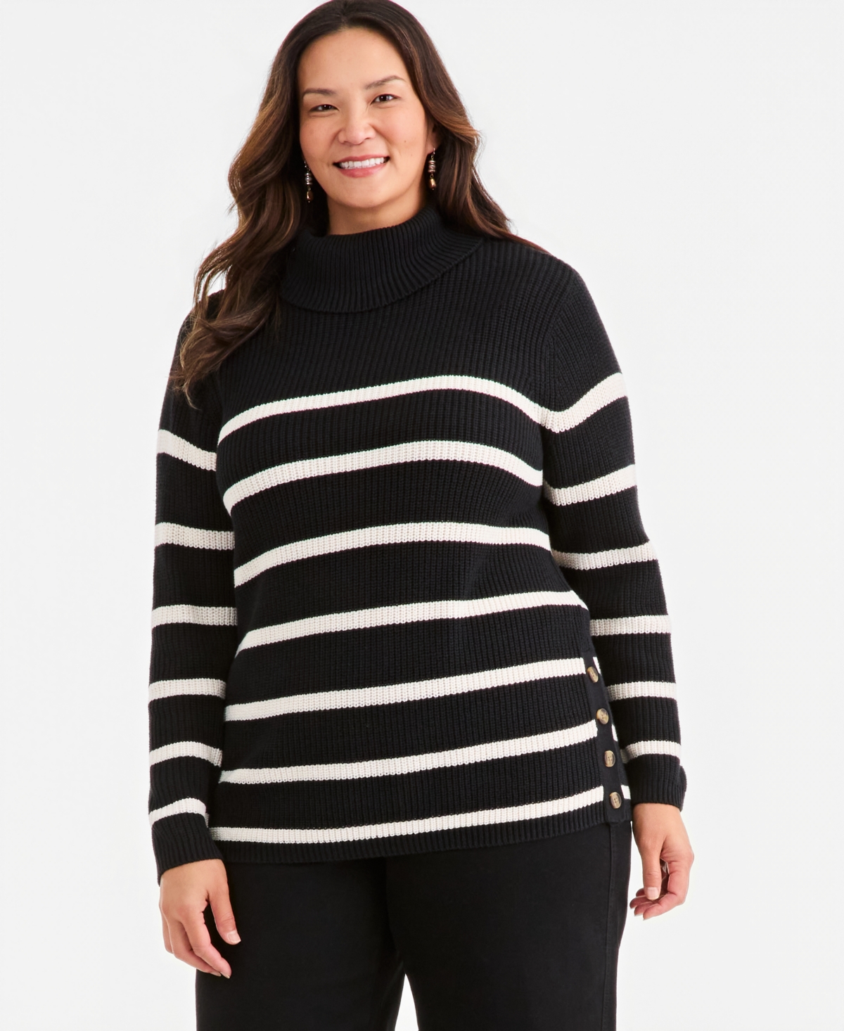 Click here for Style & Co Plus Size Striped Rib Tunic Turtleneck... prices