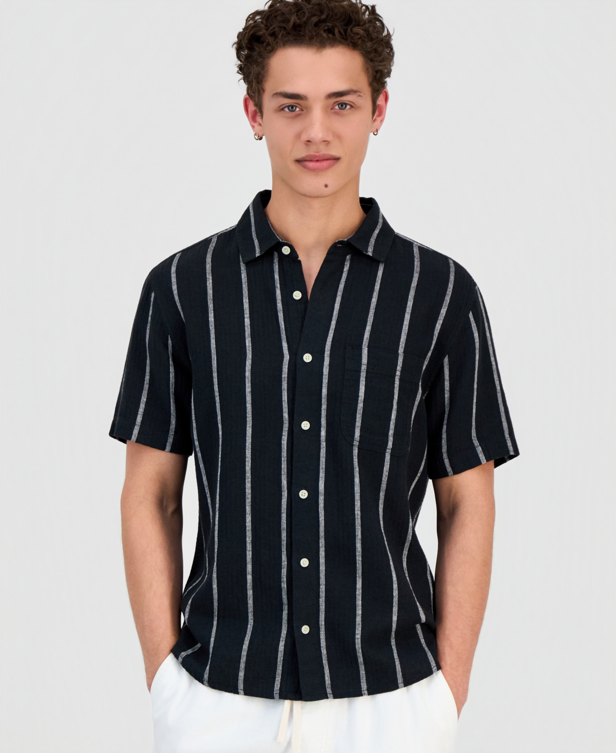 Click here for Sun + Stone Mens Striped Linen Blend Short-Sleeve... prices