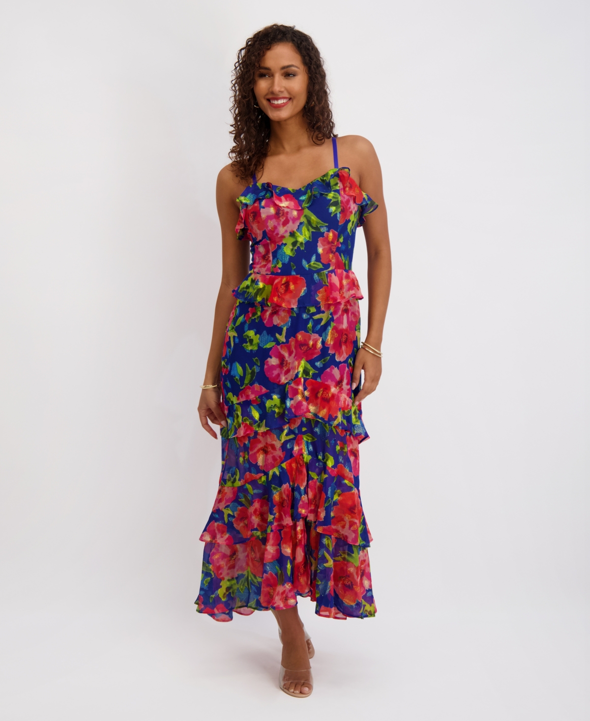 Click here for Siena Womens Printed Sweetheart Neck Ruffle Detail... prices
