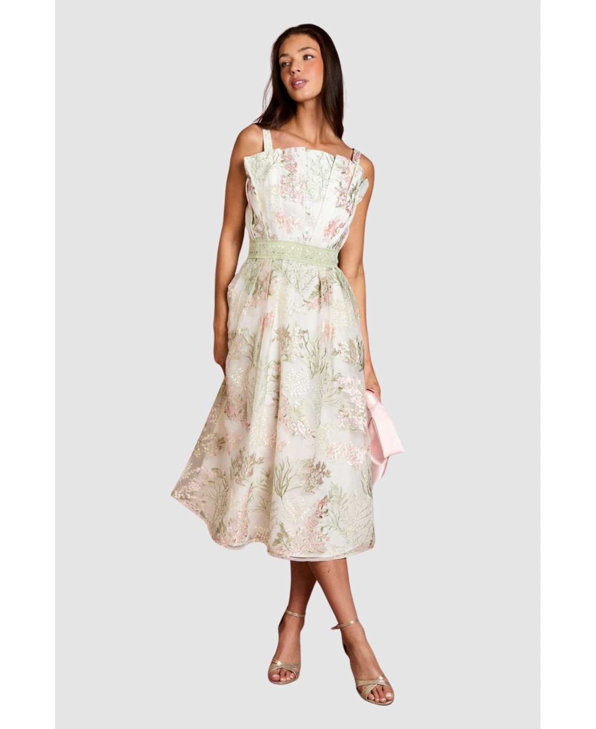 Click here for Coast Womens Fan Bodice Embroidered Mesh Midi Dres... prices