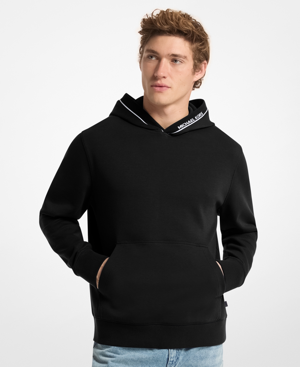 Click here for Michael Kors Mens Ribbed Logo Pull-On Hoodie - Bla... prices
