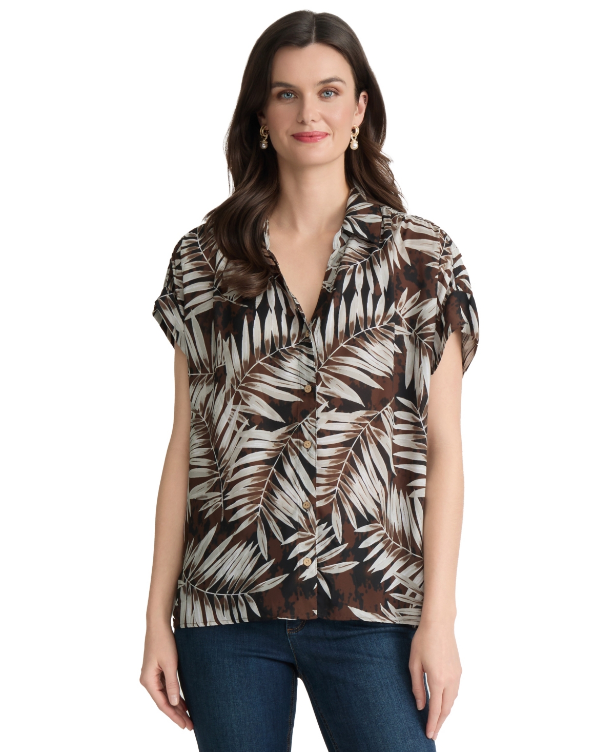 Click here for Jones New York Petite Palm Print Collared Neck Shi... prices