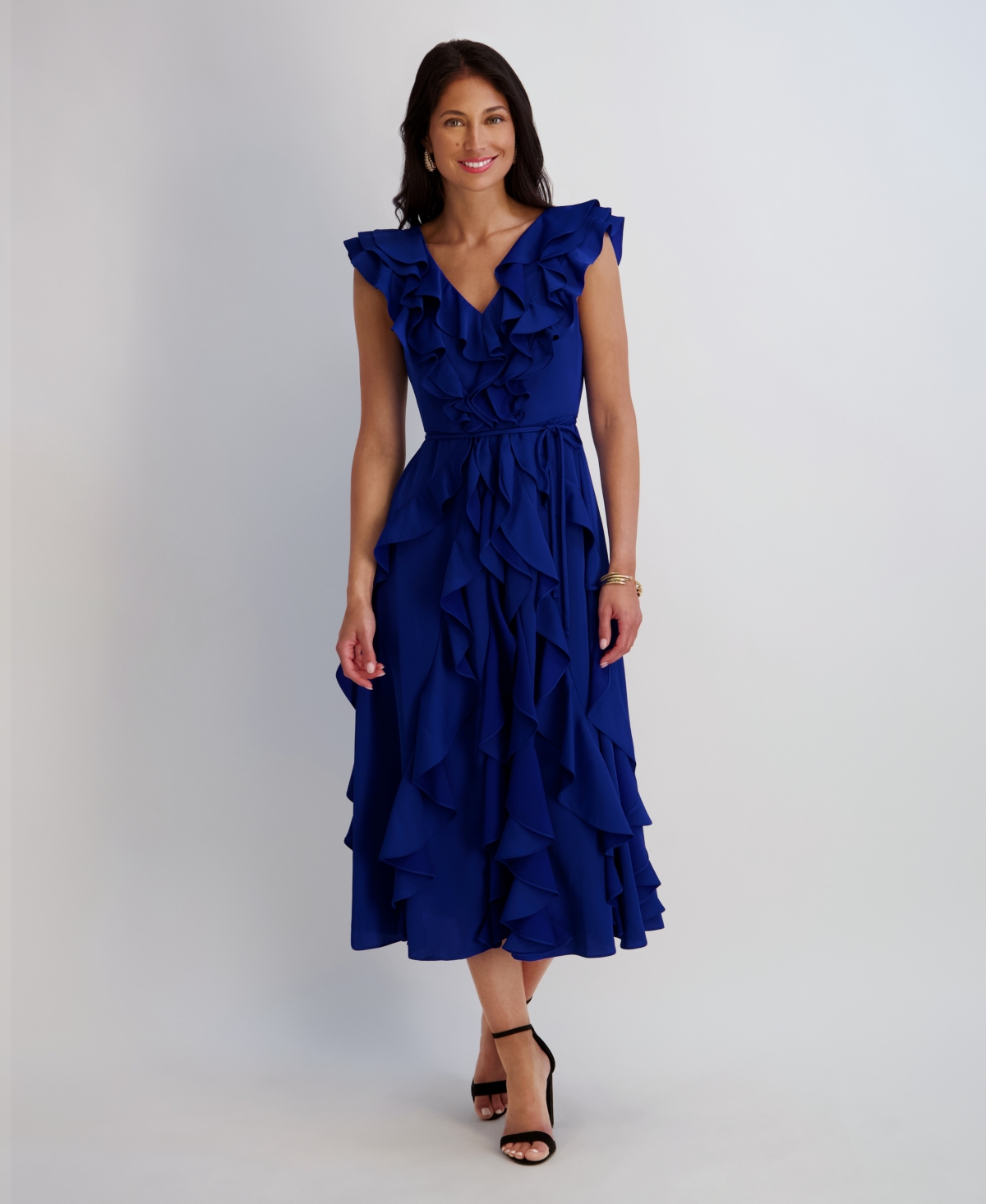 Click here for Kensie Womens Silky Woven Ruffle Midi Dress - Sapp... prices