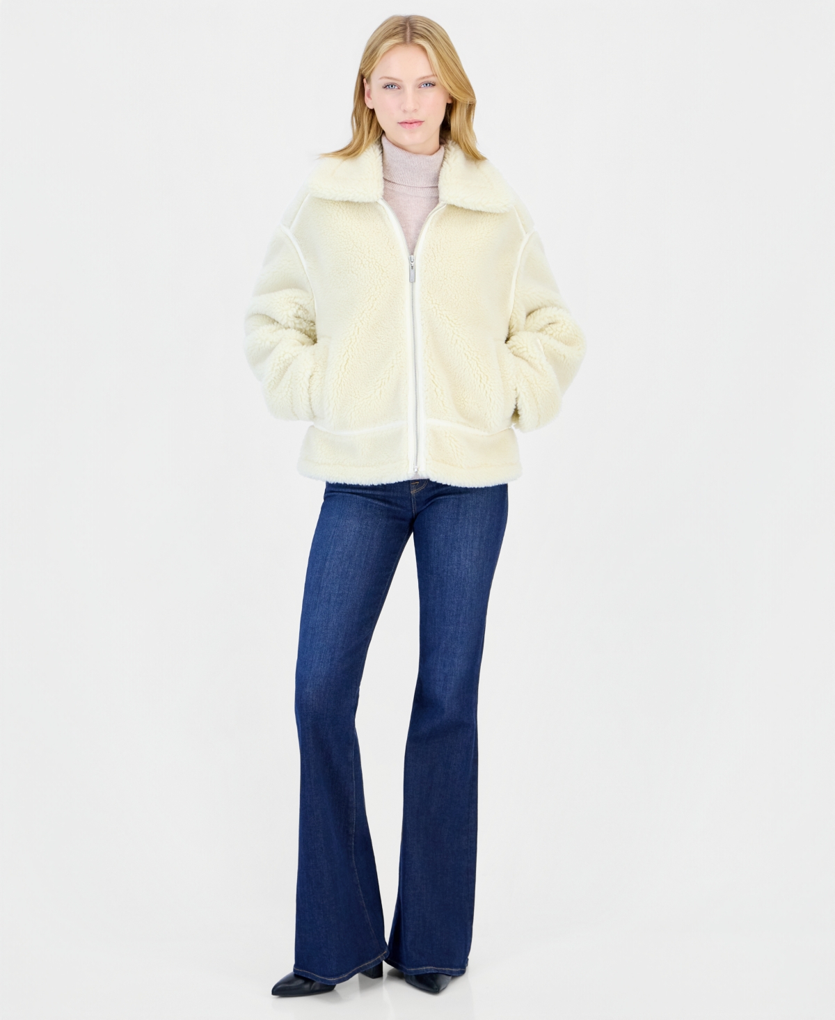 Click here for Jou Jou Womens Sherpa Zip-Front Faux-Leather Trim... prices