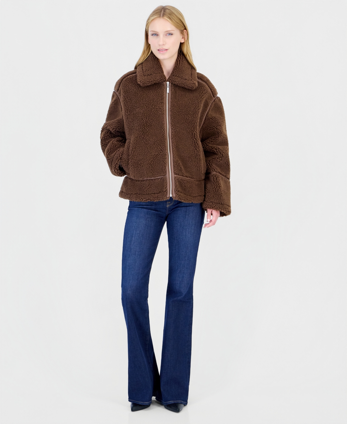Click here for Jou Jou Womens Sherpa Zip-Front Faux-Leather Trim... prices