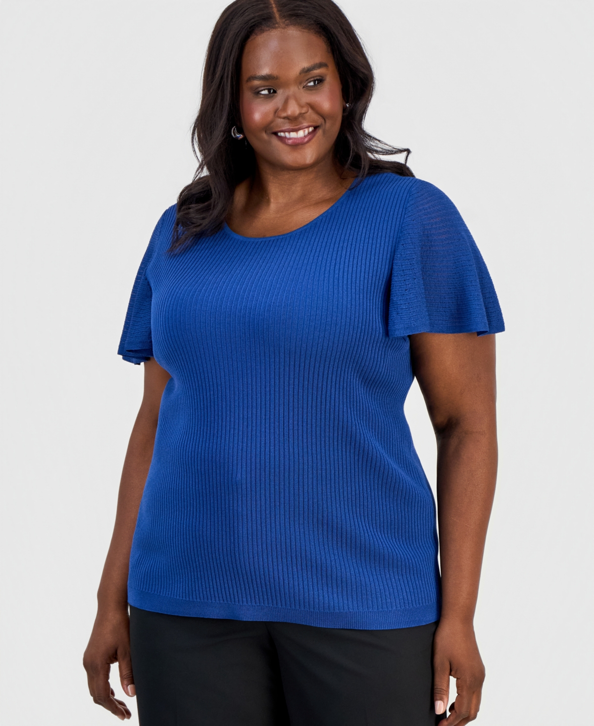 Click here for Kasper Plus Size Crewneck Flutter-Sleeve Rib-Knit... prices