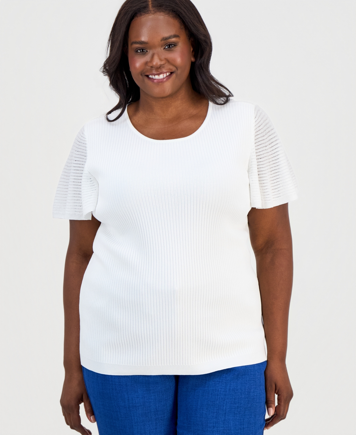 Click here for Kasper Plus Size Crewneck Flutter-Sleeve Rib-Knit... prices