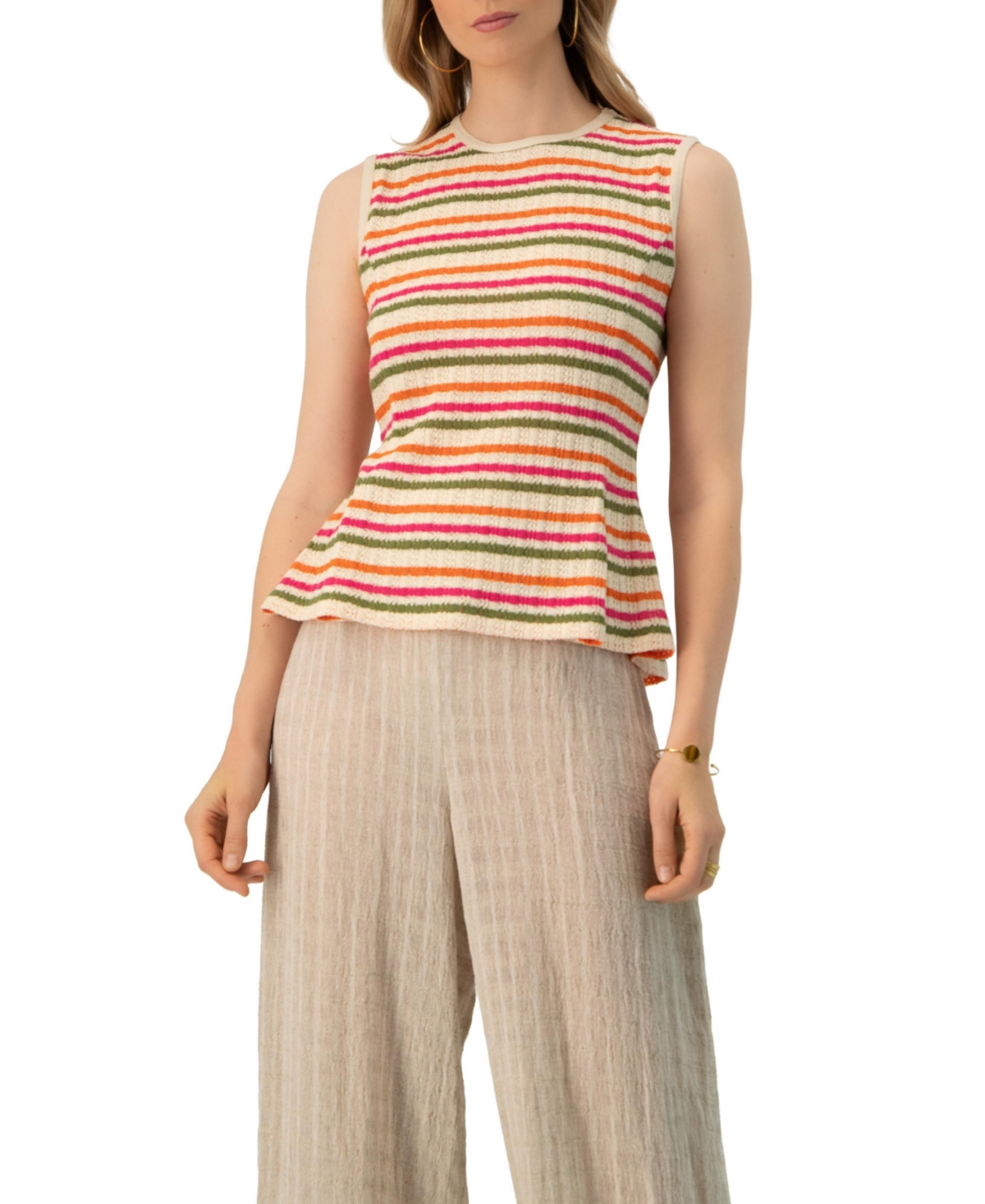 Click here for Ivonne Womens Sleeveless Peplum Striped Knit Blous... prices
