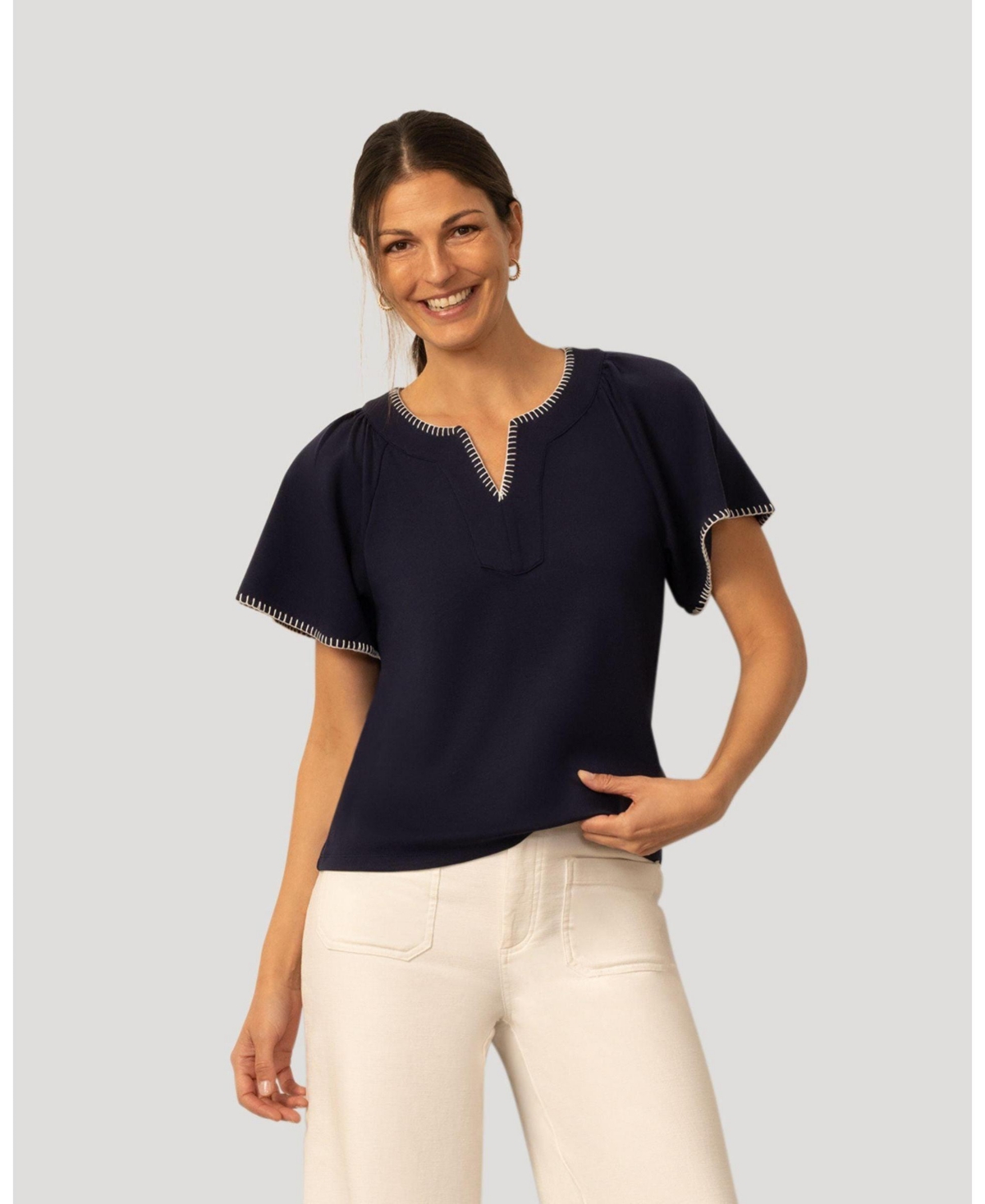 Click here for Cable & Gauge Womens Pick Stitch Split Neck Top -... prices