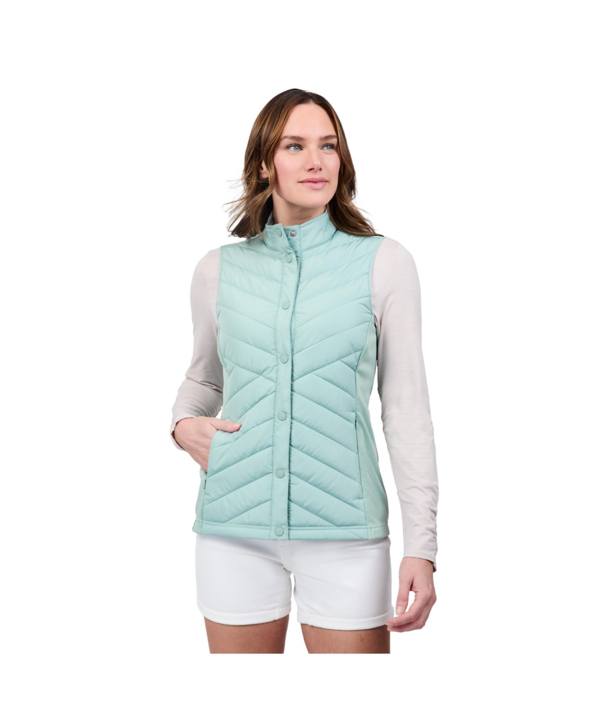 Click here for Free Country Womens Hybrid Button Front Vest - Gre... prices