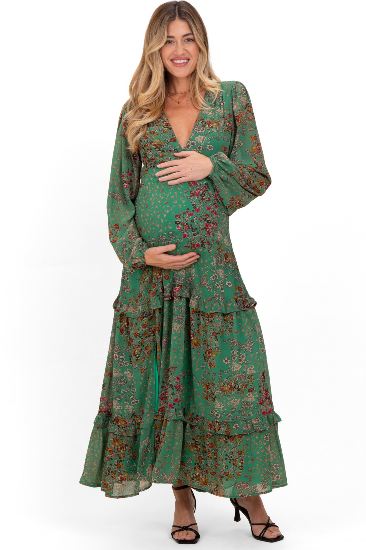Click here for Pinkblush Womens Green Floral Chiffon V-Neck Long... prices