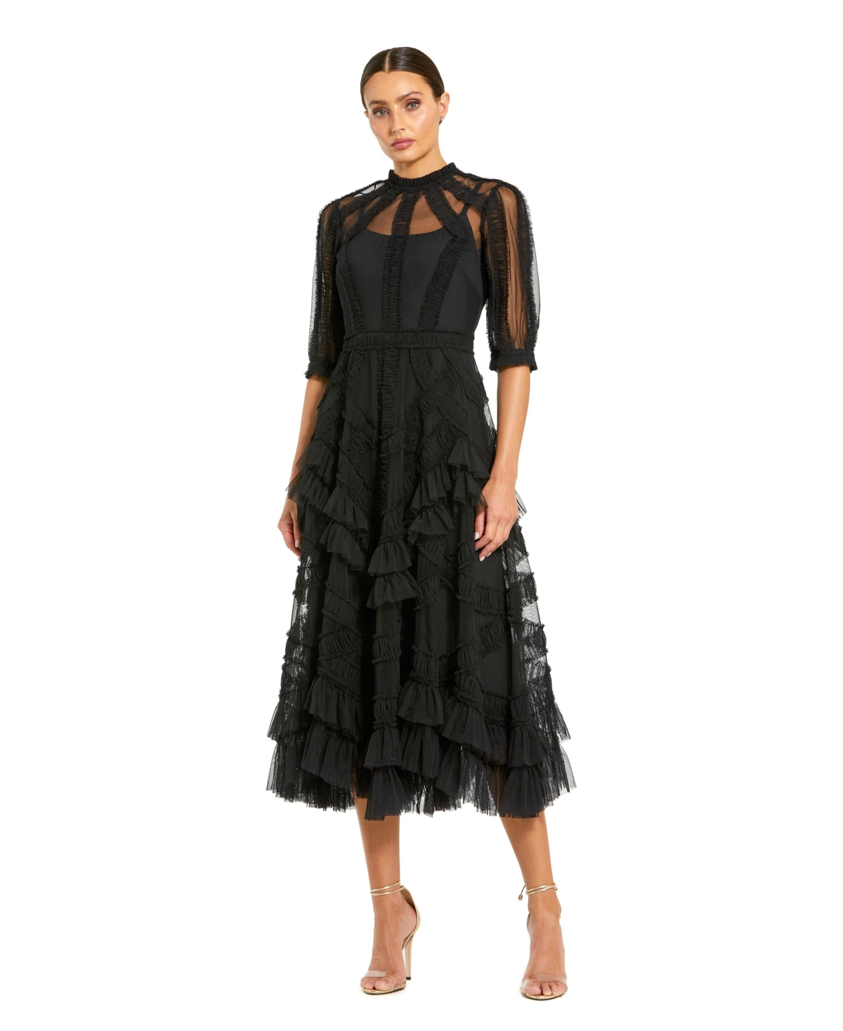 Click here for Mac Duggal Petite Illusion High Neck Tiered Ruffle... prices