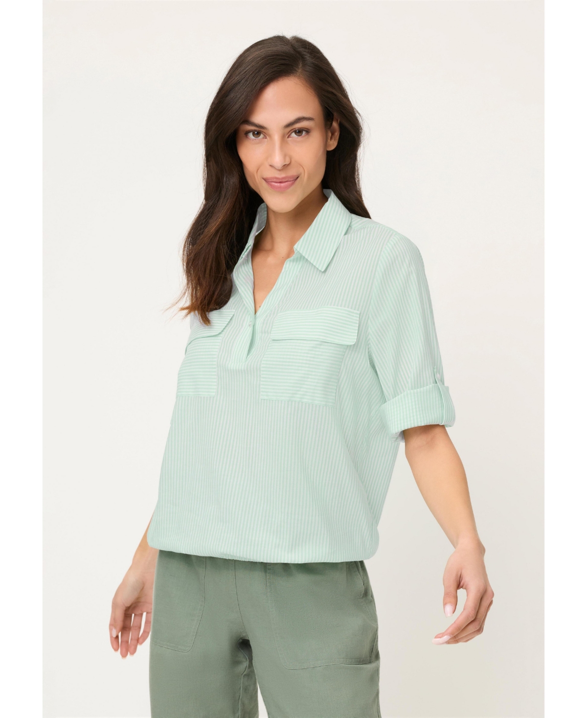 Click here for Olsen Womens Stripe Blouse - Jade prices
