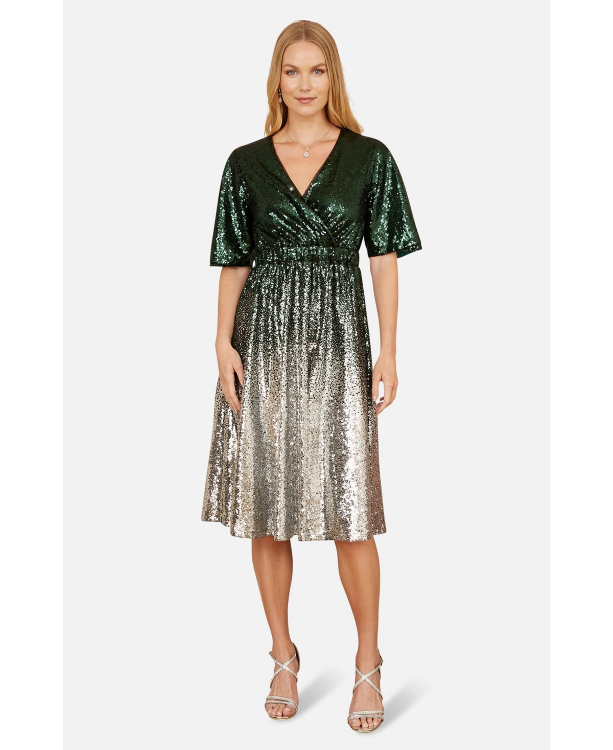 Click here for Yumi Womens Ombre Sequin V-Neck Midi Dress - Green prices