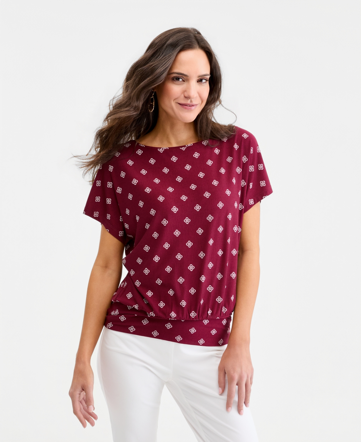 Click here for Jm Collection Womens Printed Boatneck Banded-Botto... prices