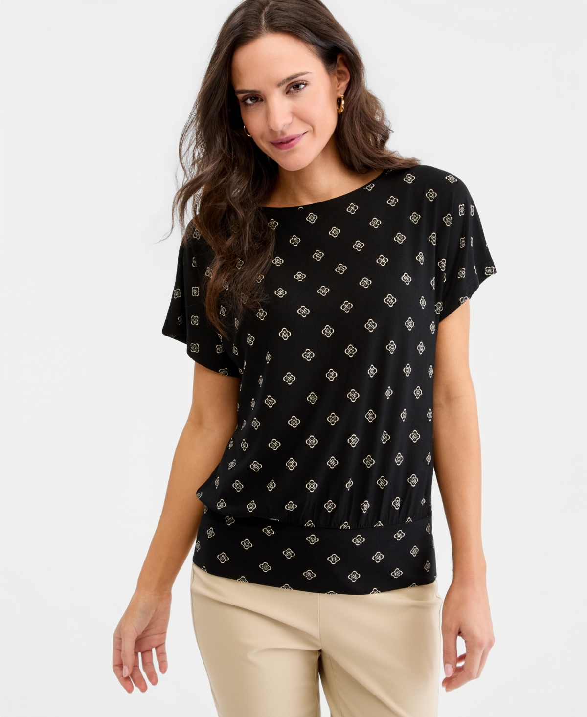 Click here for Jm Collection Womens Printed Boatneck Banded-Botto... prices