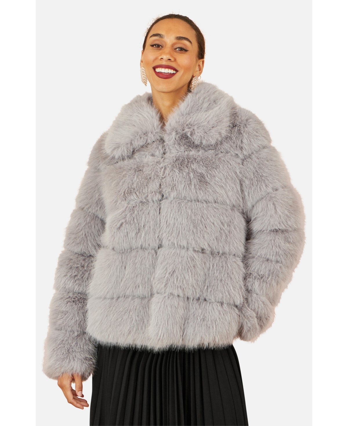 Click here for Yumi Womens Luxe Faux Fur Coat - Grey prices