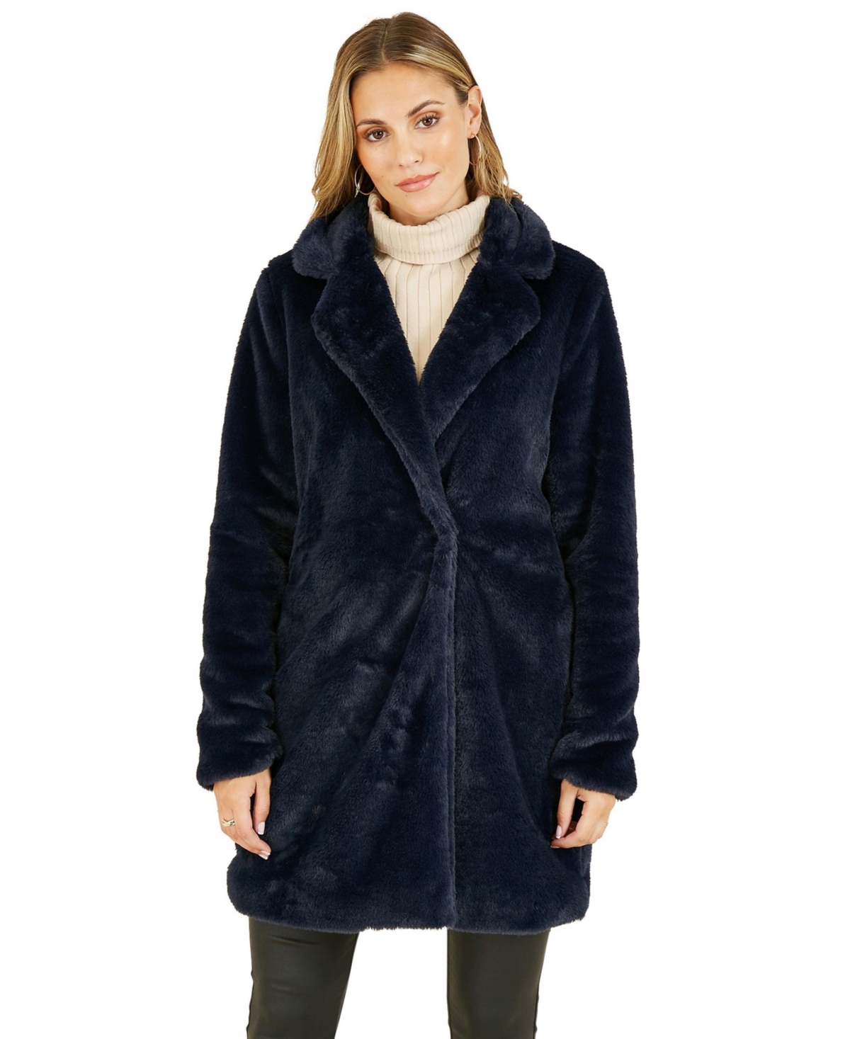 Click here for Yumi Womens Faux Fur Coat - Dark Blue prices