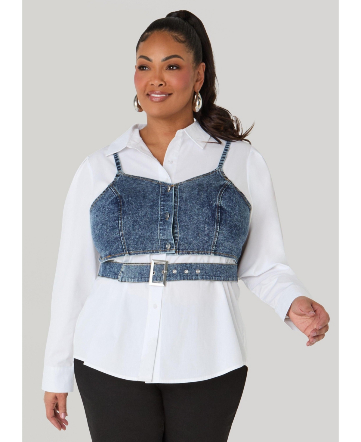 Click here for Ashley Stewart Womens Layered Denim Bralette Shirt prices