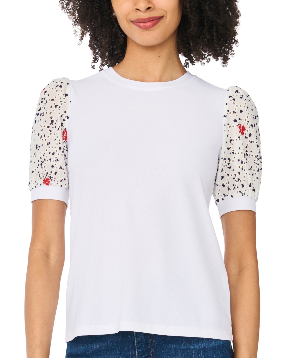 Click here for CeCe Womens Short-Sleeve Crewneck Mixed Media T-Sh... prices