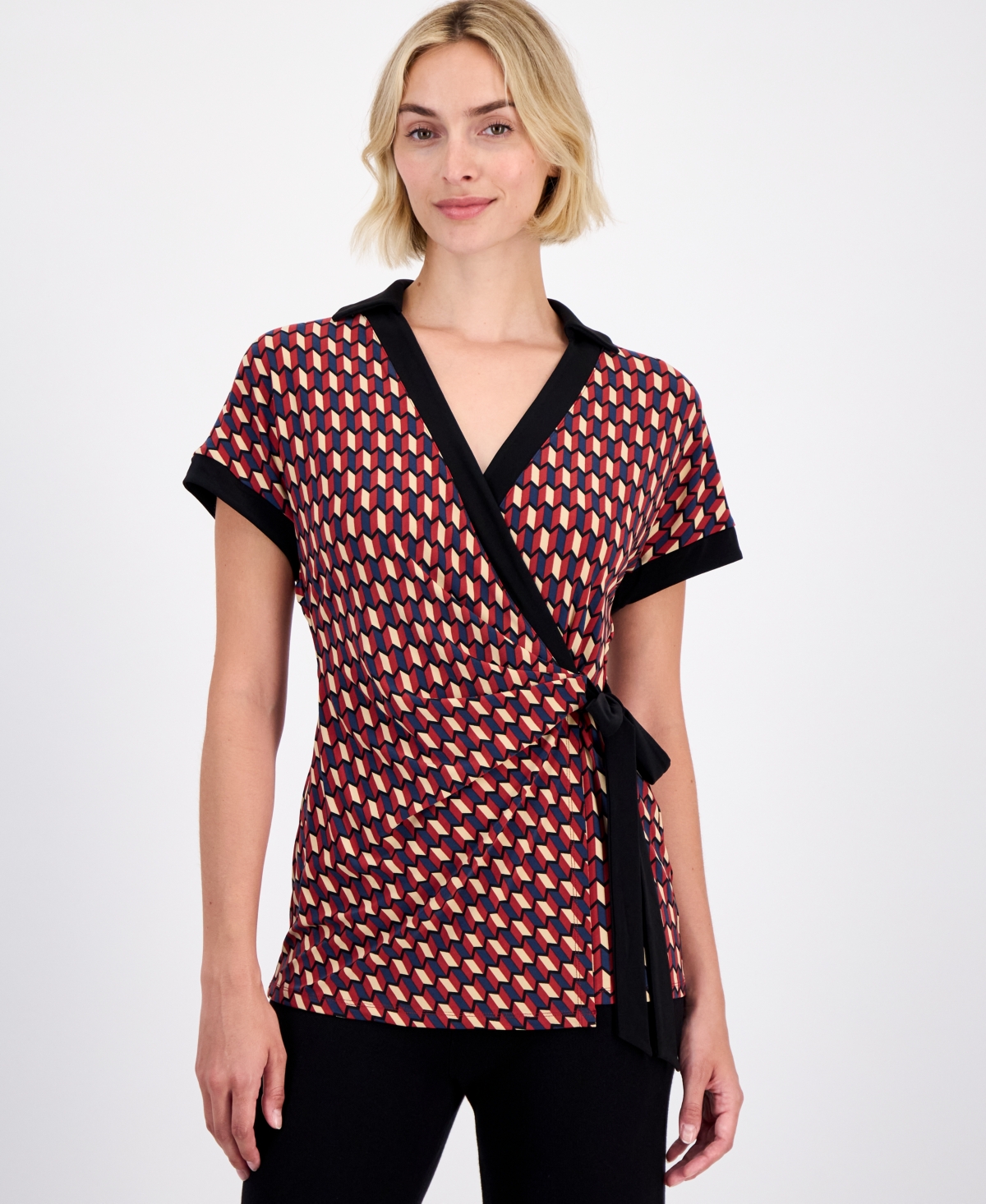 Click here for Anne Klein Womens Collared Wrap Top - Rust Multi prices