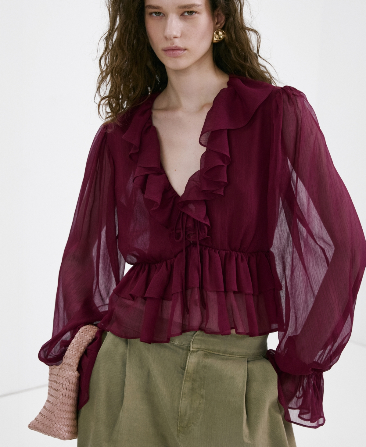 Click here for Mango Womens Fluid Ruffled Blouse - Maroon prices