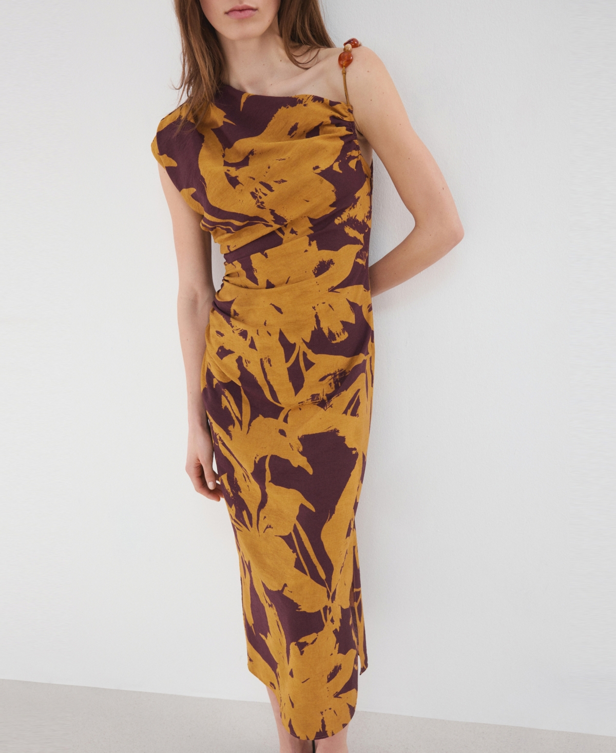 Click here for Mango Womens Printed Asymmetrical Dress - Ochre prices