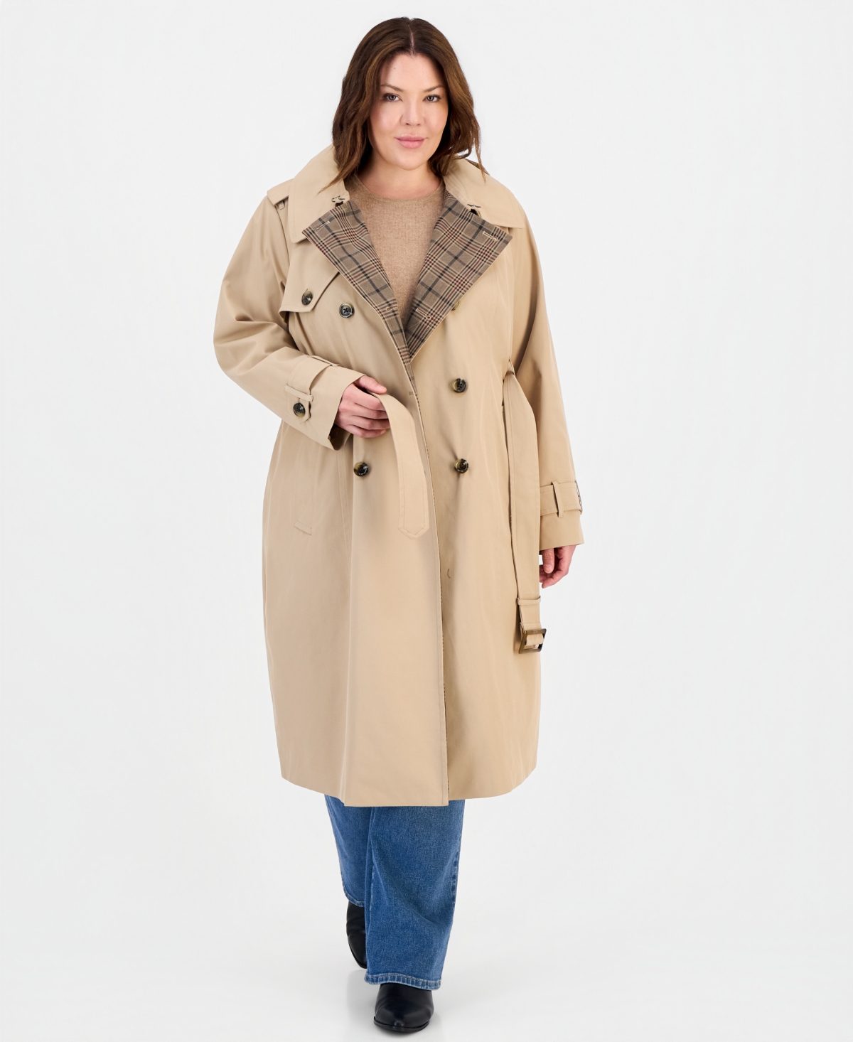 Click here for London Fog Plus Size Plaid Collar Belted Trench Co... prices