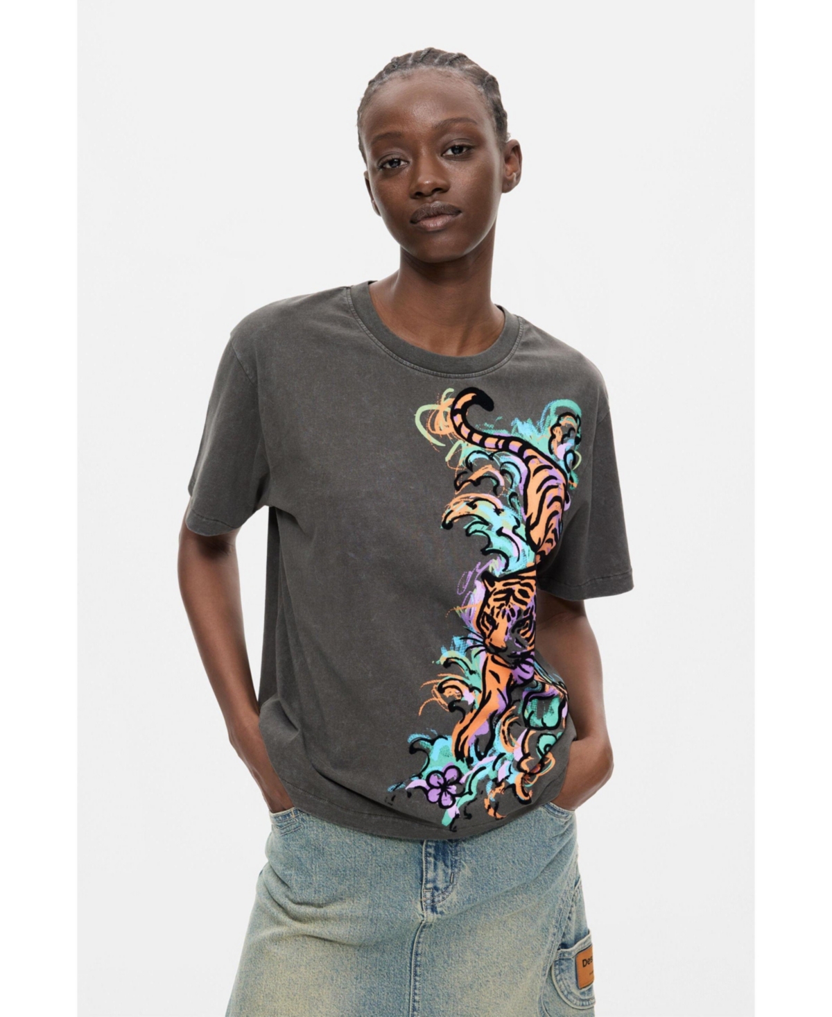 Click here for Desigual Womens Tiger T-Shirt 100 Cotton - Black prices