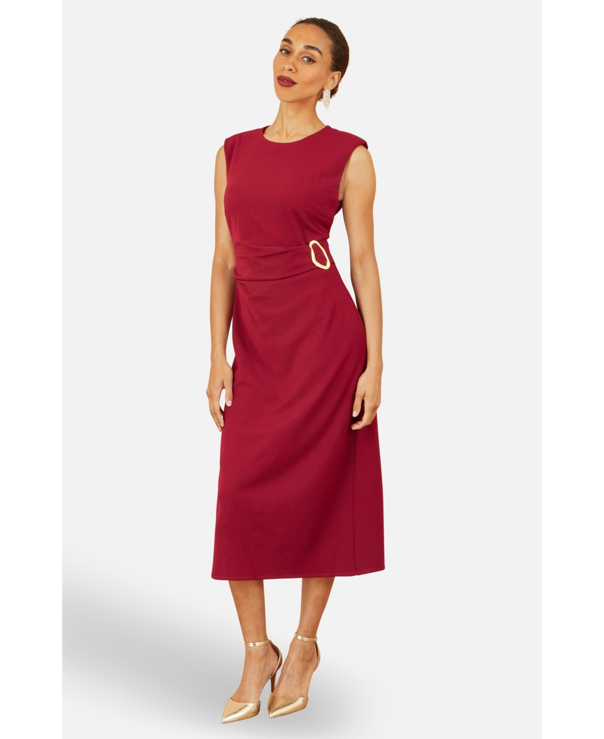 Click here for Yumi Womens Buckle Detail Ruched Dress - Burgundy prices