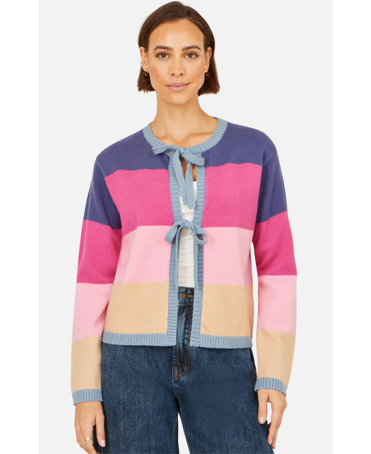 Click here for Yumi Womens Block Stripe Tie Front Cardigan - Mult... prices