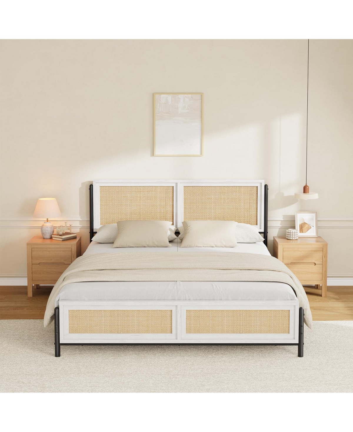 Click here for homfan Boho Rattan Platform Bed Frame with Headboa... prices
