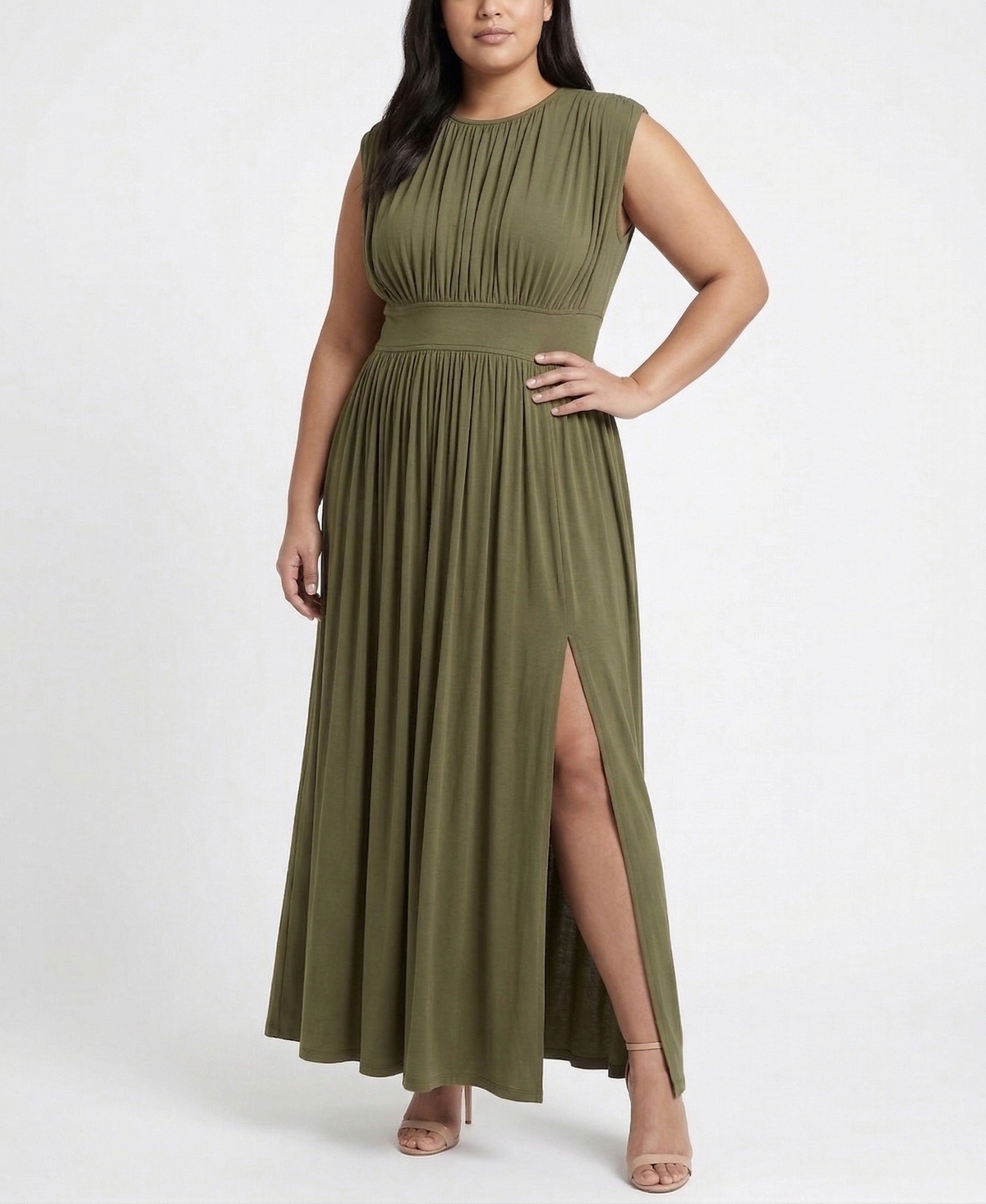 Click here for Taylor Plus Size Ruched Crewneck Maxi Dress - Oliv... prices