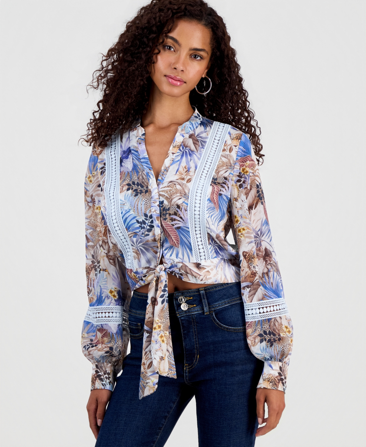 Click here for Guess Womens Long-Sleeve Zahara Tie-Front Top - Le... prices