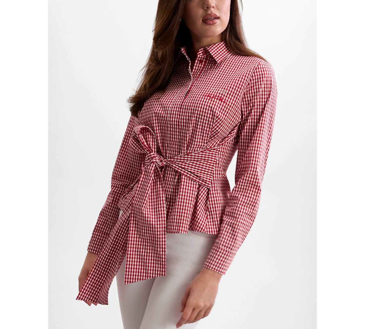 Click here for Guess Womens Marilyn Knot Slim-Fit Shirt - Red And... prices