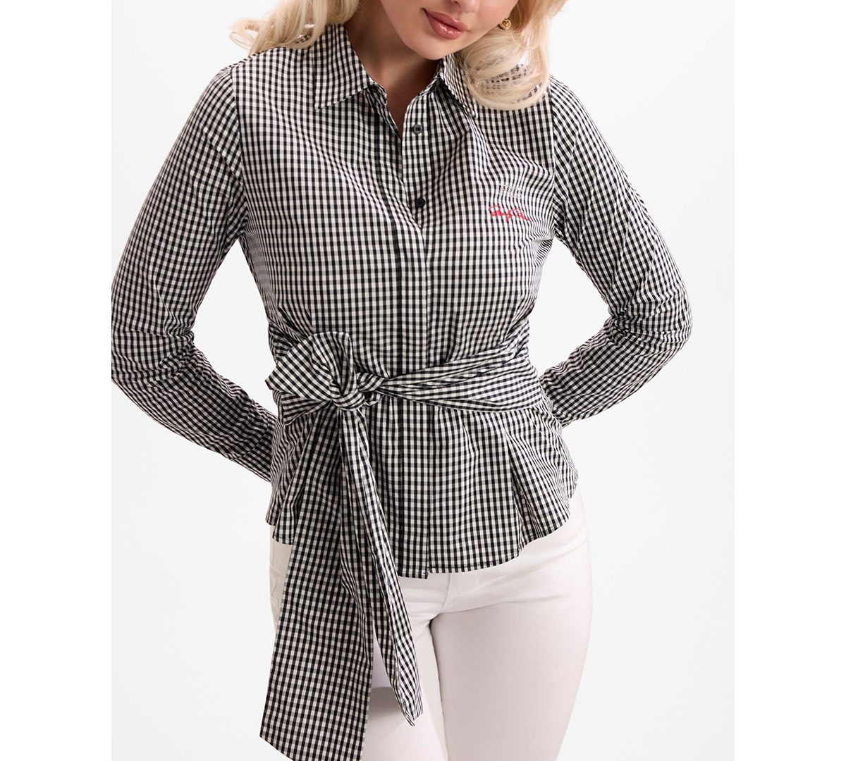 Click here for Guess Womens Marilyn Knot Slim-Fit Shirt - Black A... prices