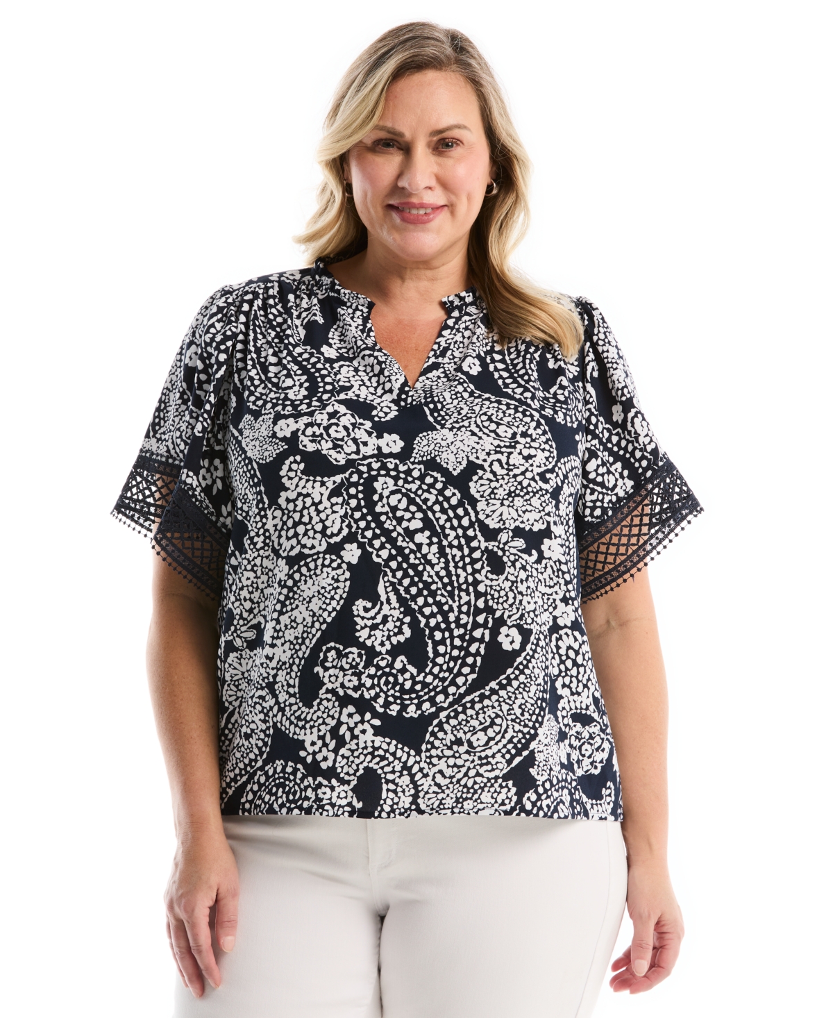 Plus Size Rafaella(R) Short Flutter Lace Sleeve Paisley Blouse