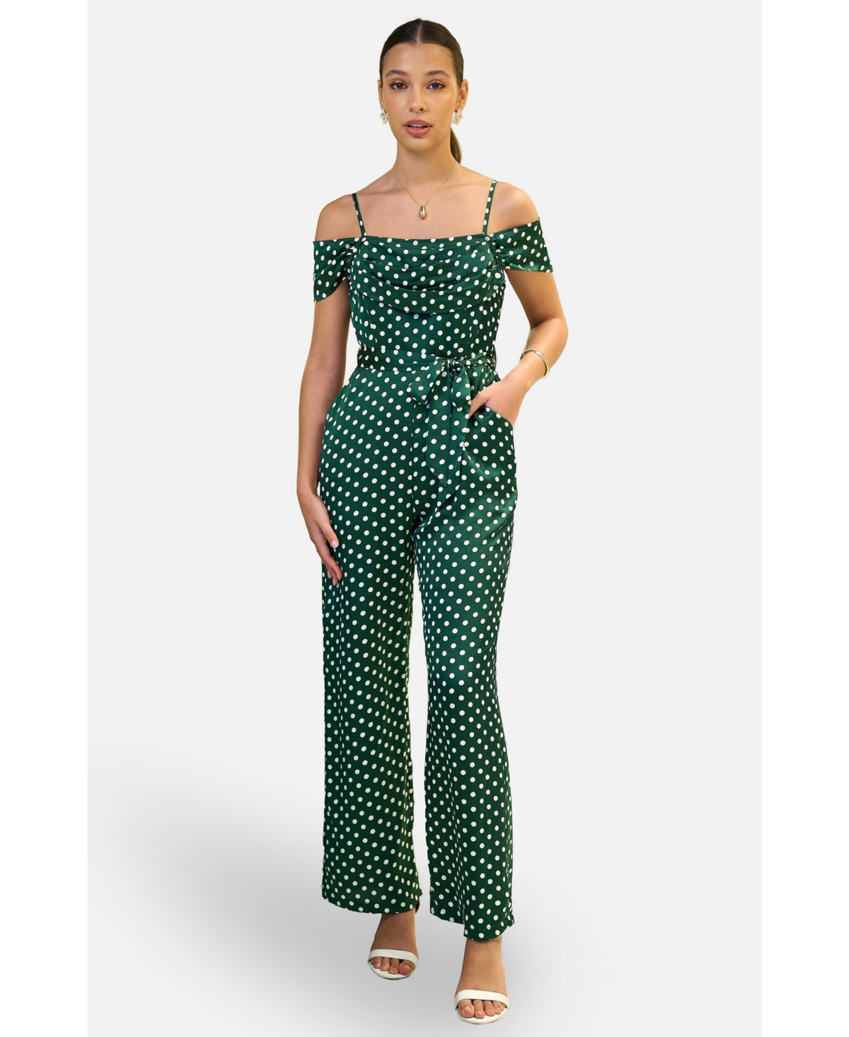 Click here for Yumi Womens Spot Bardot Jumpsuit - Green prices