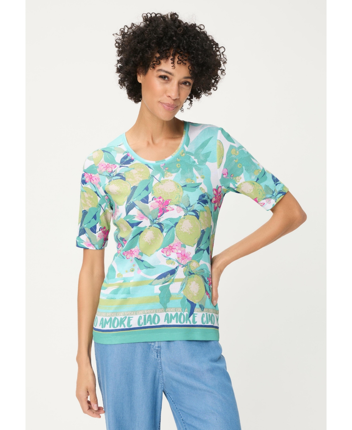 Click here for Olsen Womens Lemon Amore Print T-Shirt - Pool blue prices