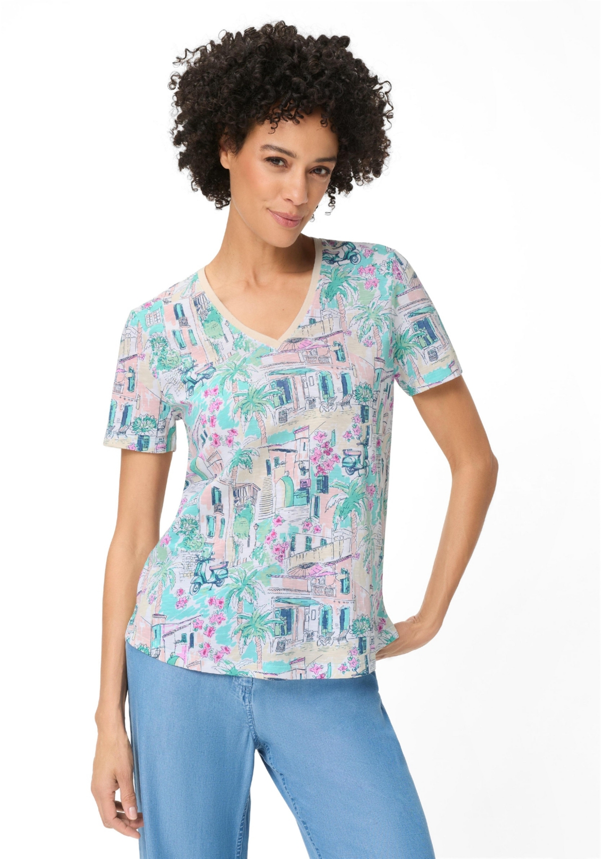 Click here for Olsen Womens Italian Villa Print T-Shirt - Pool bl... prices