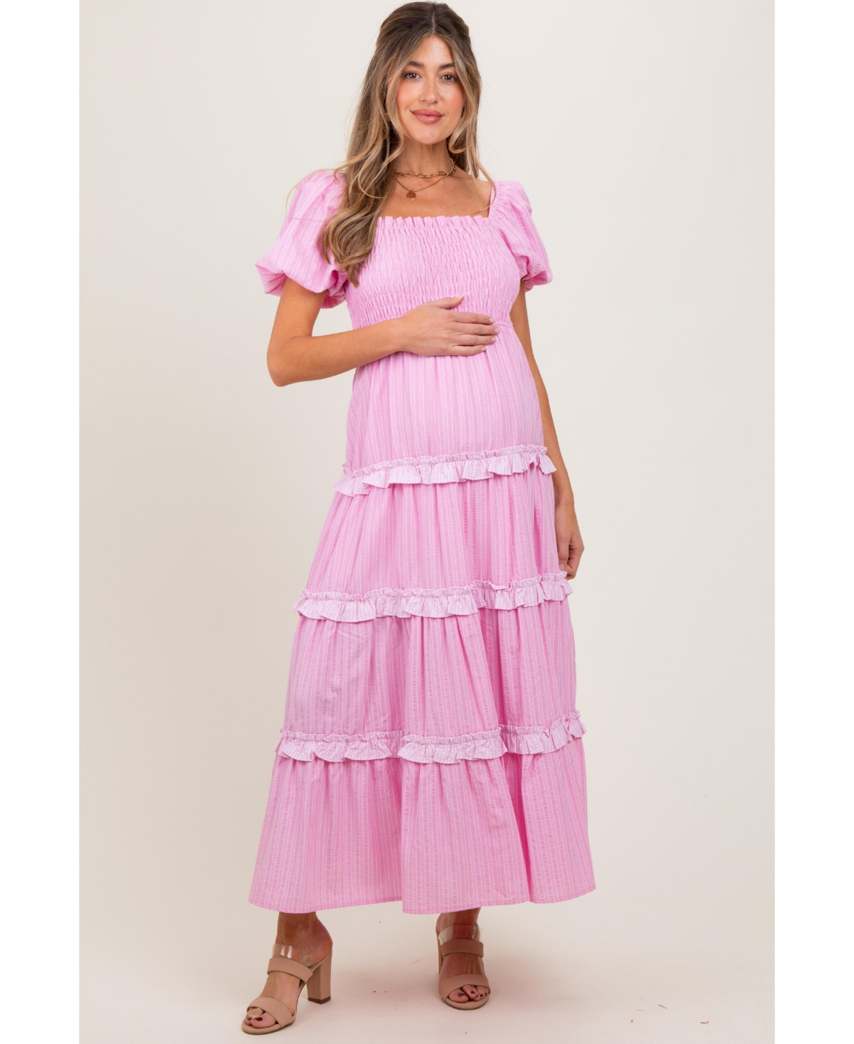 Click here for Pinkblush Womens Pink Smocked Ruffle Tiered Puff S... prices