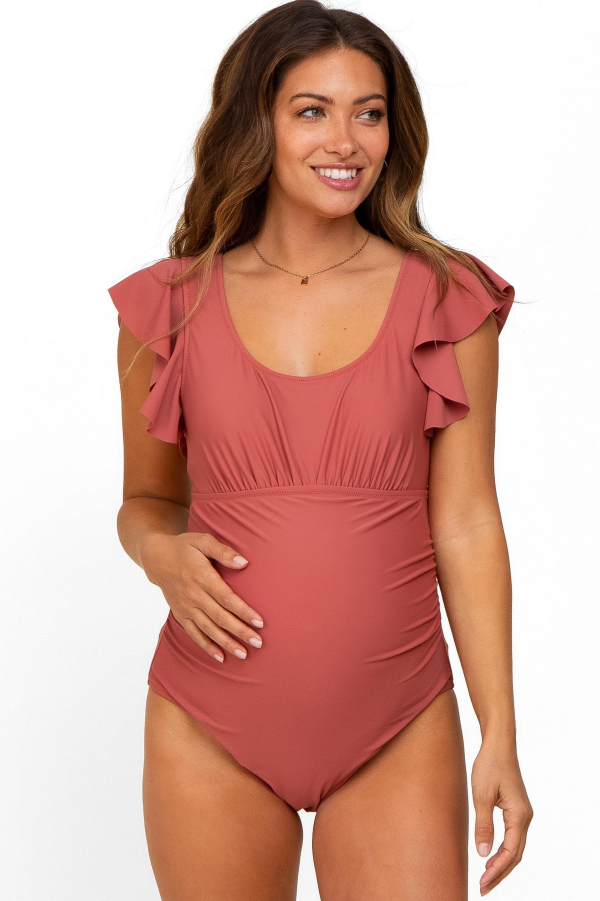 Click here for Pinkblush Maternity Rust Ruffle Shoulder Pleated S... prices