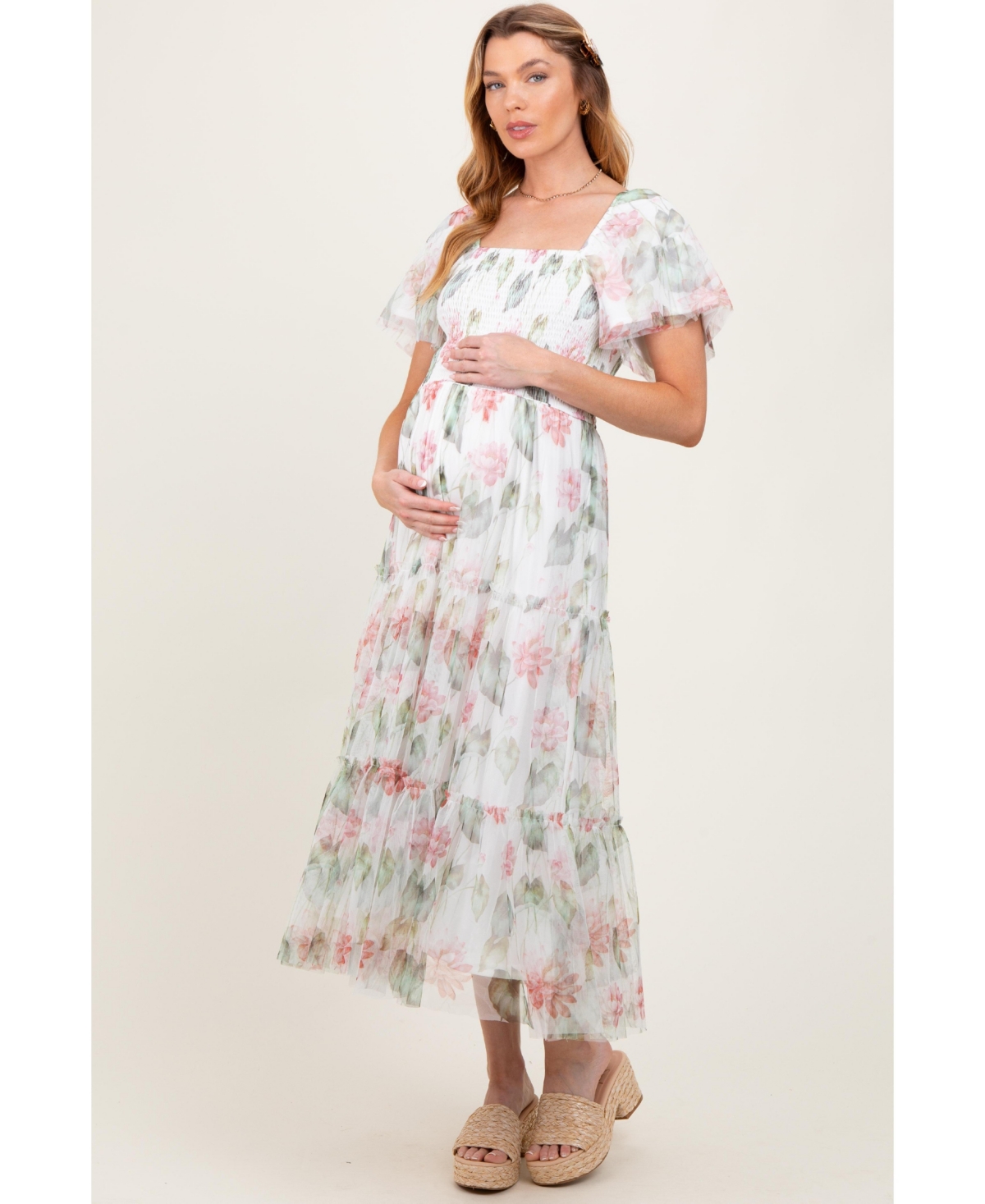 Click here for Pinkblush Maternity Ivory Floral Mesh Smocked Midi... prices