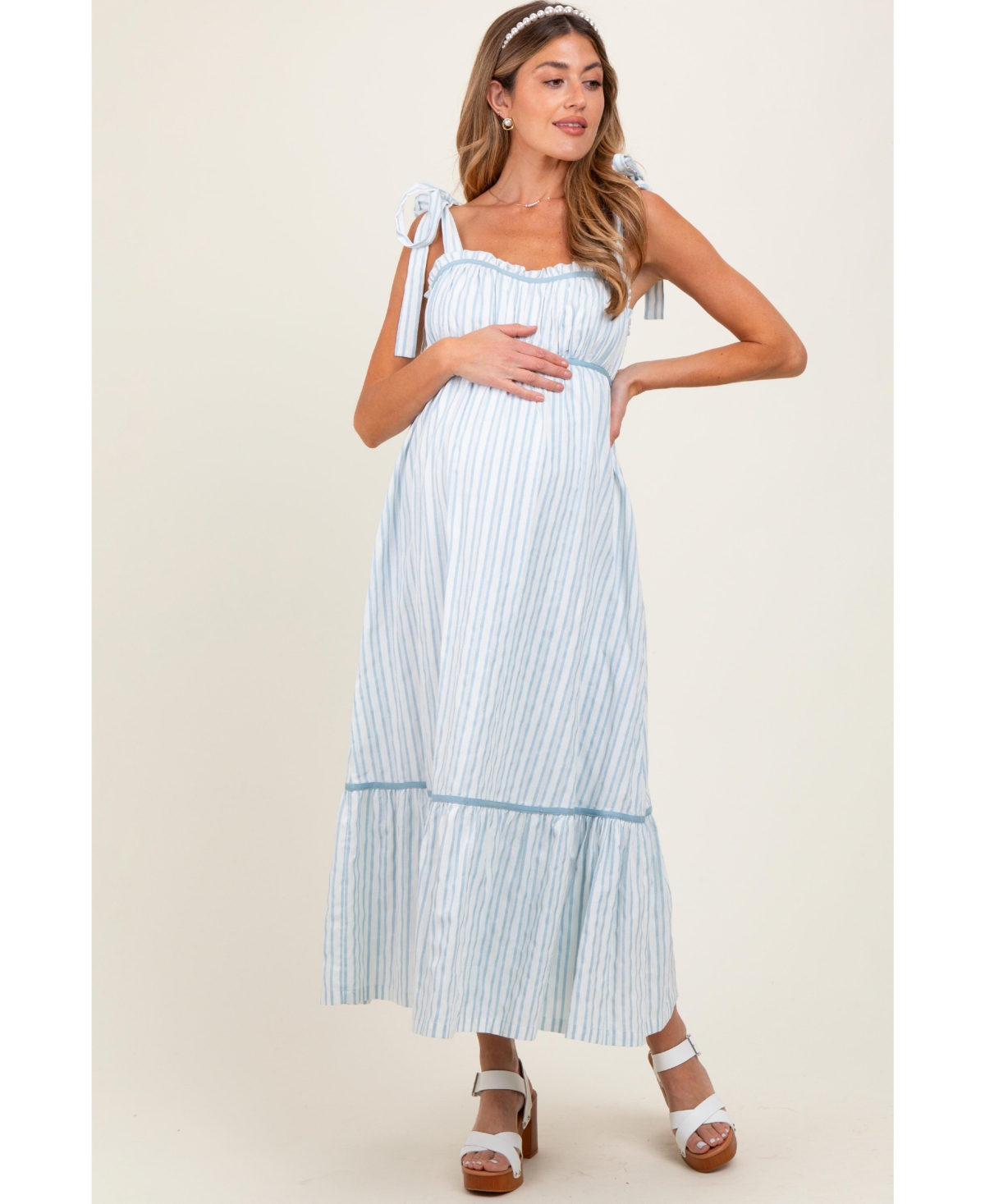 Click here for Pinkblush Maternity Ivory Striped Bow-Tie Maxi Dre... prices