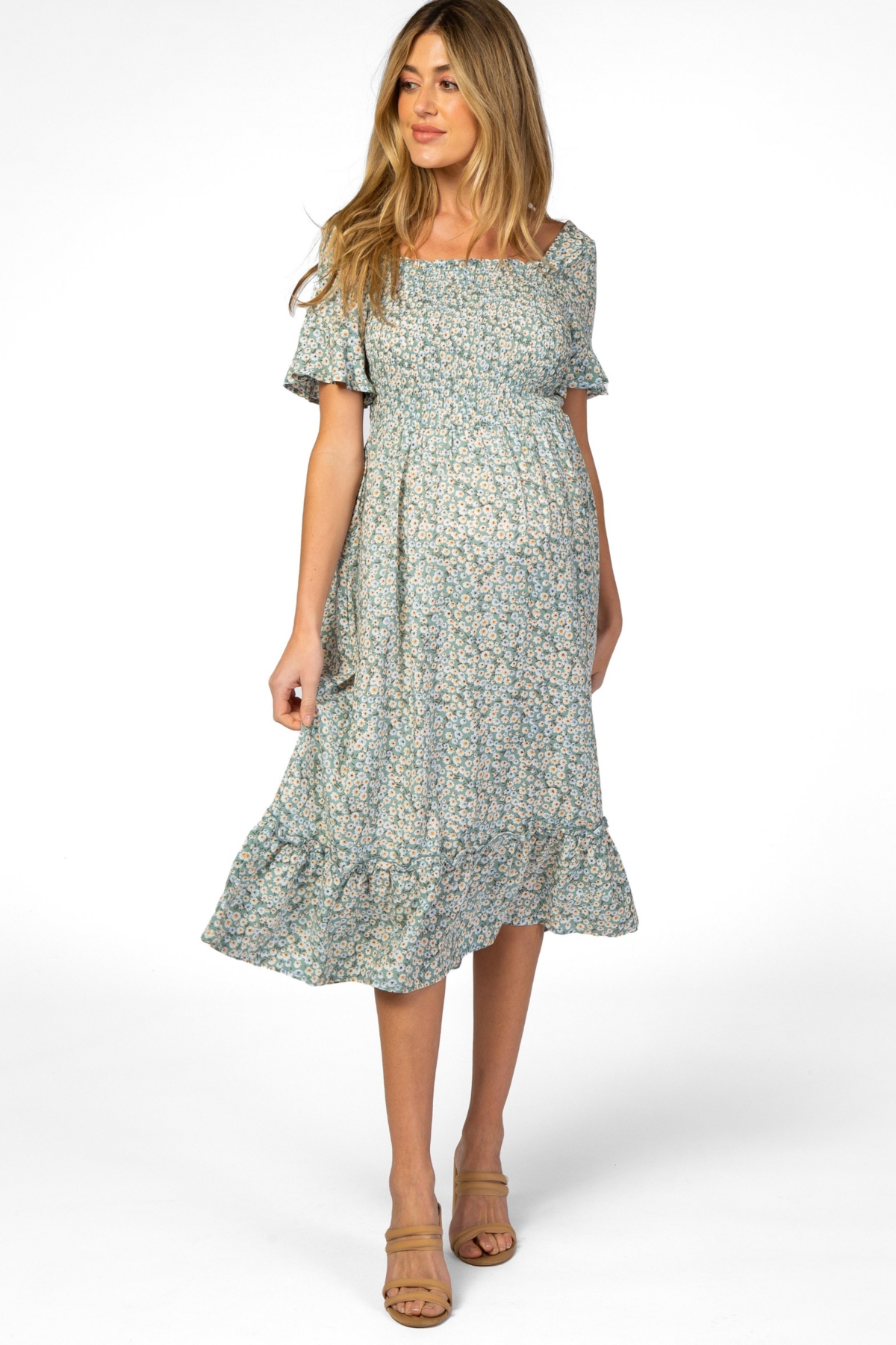 Click here for Pinkblush Maternity Light Blue Floral Ruffle Midi... prices
