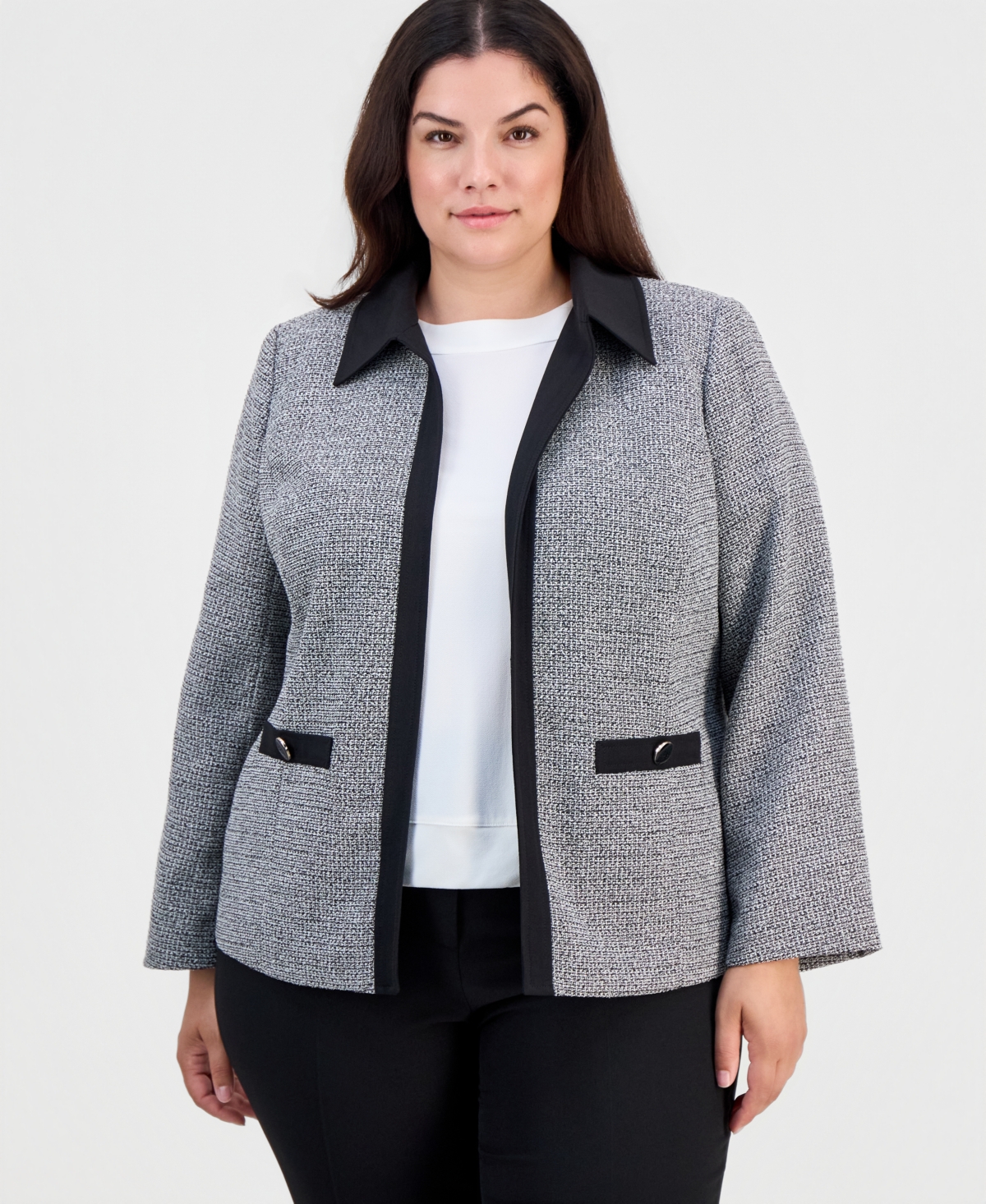 Click here for Kasper Plus Size Tweed Open-Front Blazer - Black/V... prices