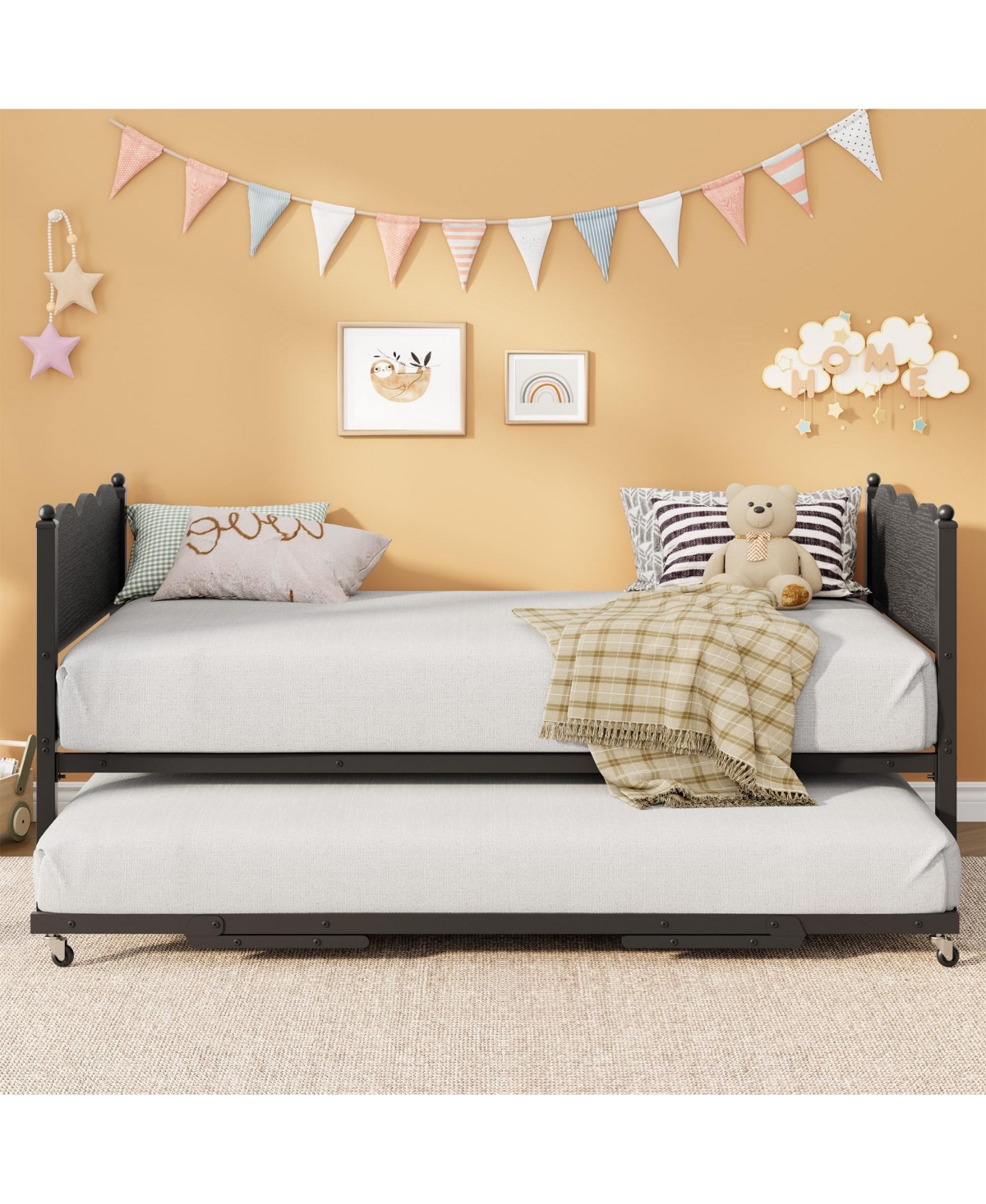Click here for homfan Metal Daybed with Trundle  Wavy Wood-Grain... prices